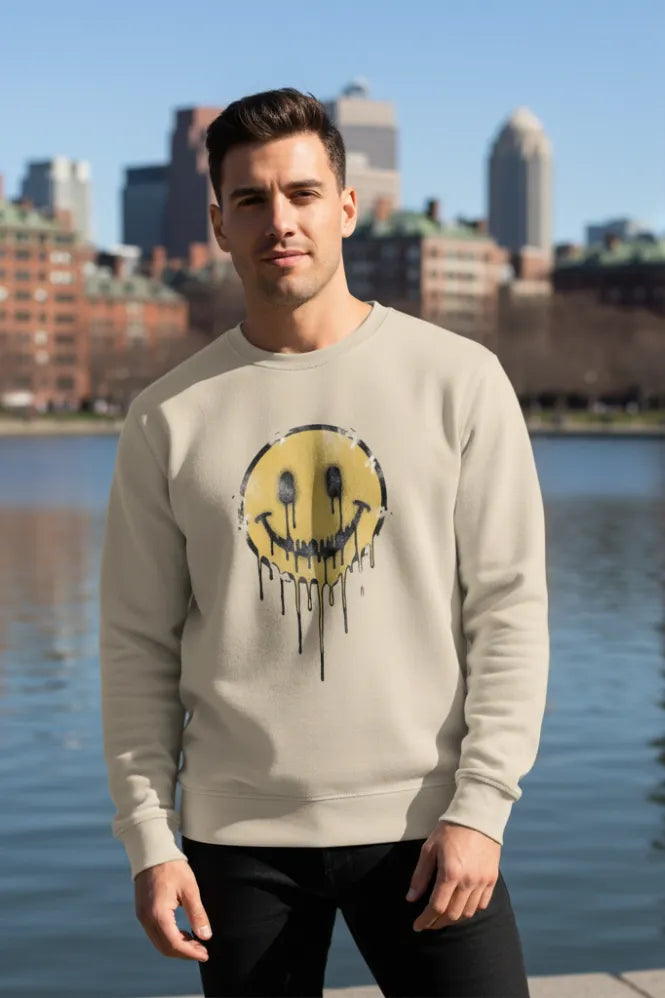 Drip Smiley Organic Sweatshirt – 90s Grunge Revival – Design Delight Studio